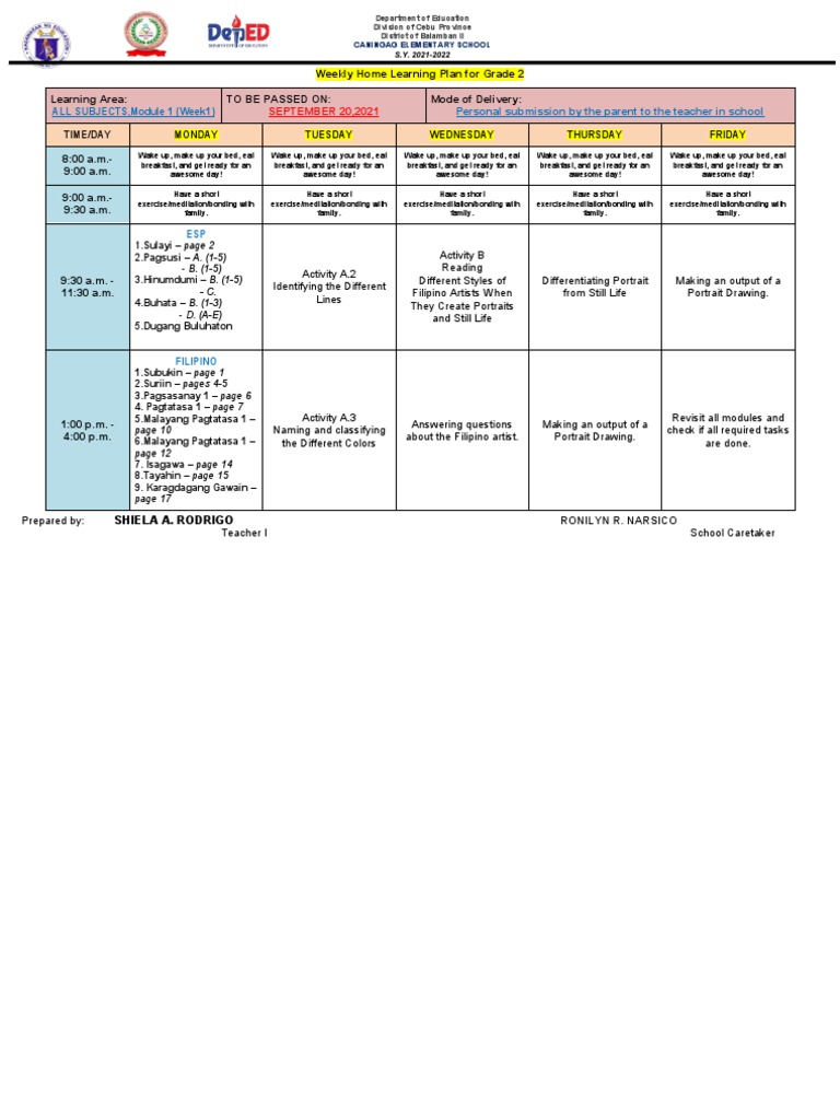 Weekly Home Learning Plans Week 1-Quarter 1 | PDF