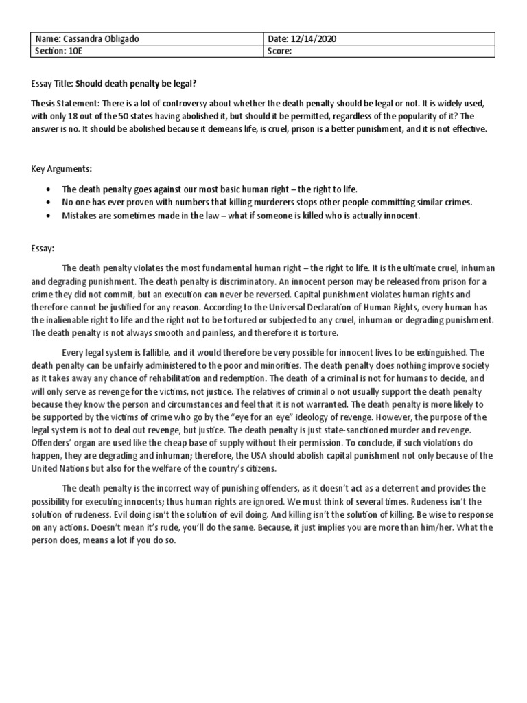 Argumentative Essay Death Penalty | PDF | Capital Punishment | Crime ...