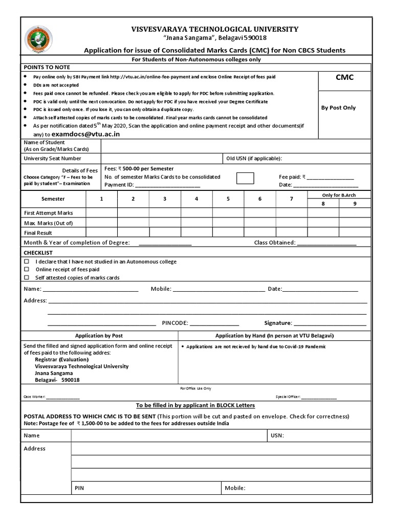 Visvesvaraya Technological University Application For Issue of ...