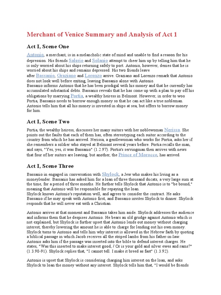 Merchant of Venice Summary and Analysis of Act 1 | PDF | Shylock | The ...