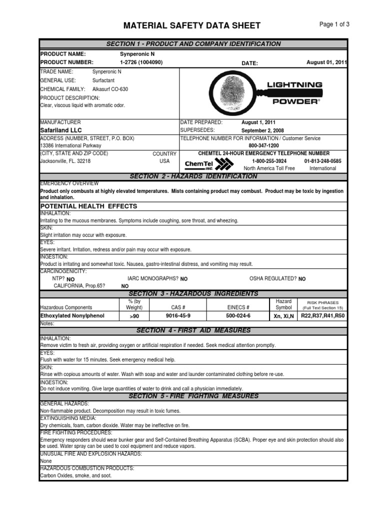 Lightning Powder - Synperonic A9 | PDF | Dangerous Goods | Water