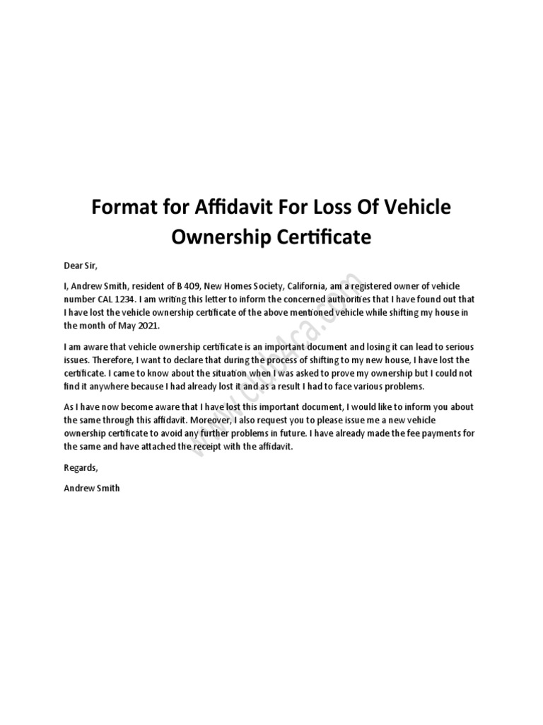 Format For Affidavit For Loss of Vehicle Ownership Certificate | PDF ...