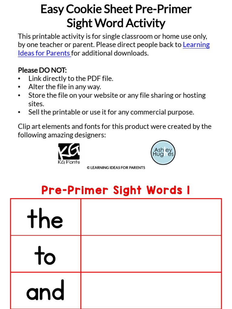 Cookie Sheet Sight Words Pre Primer 2021 | PDF