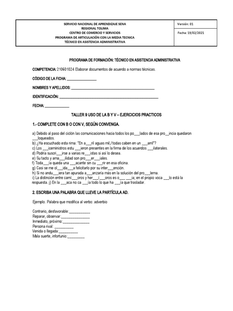 Taller 9. Uso de La B y V | PDF | Lingüística | Idiomas