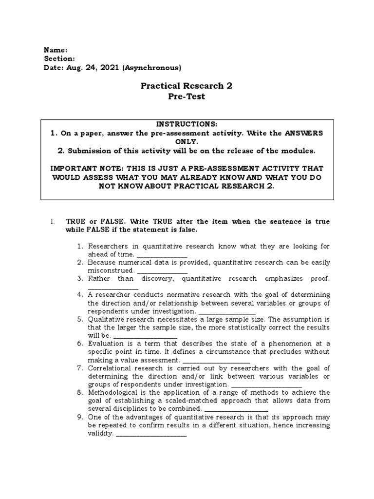 Pre Assessment G12 Research | PDF | Quantitative Research | Statistics