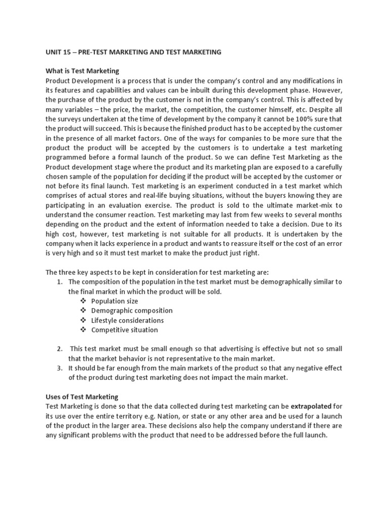 Unit 15 Pre-Test Marketing and Test Marketing | PDF | Marketing | Sales