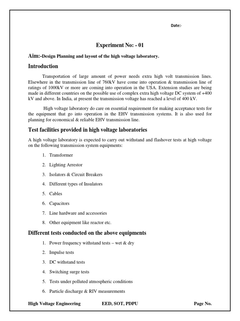 Experiment-1 Design & Planning of HV Lab | PDF | High Voltage ...