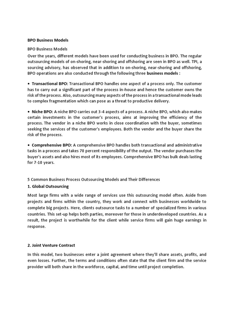 BPO Business Models | PDF | Outsourcing | Offshoring