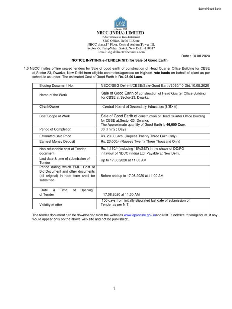 NBCC (India) Limited: NOTICE INVITING e-TENDER (NIT) For Sale of Good Earth | PDF | Prices ...