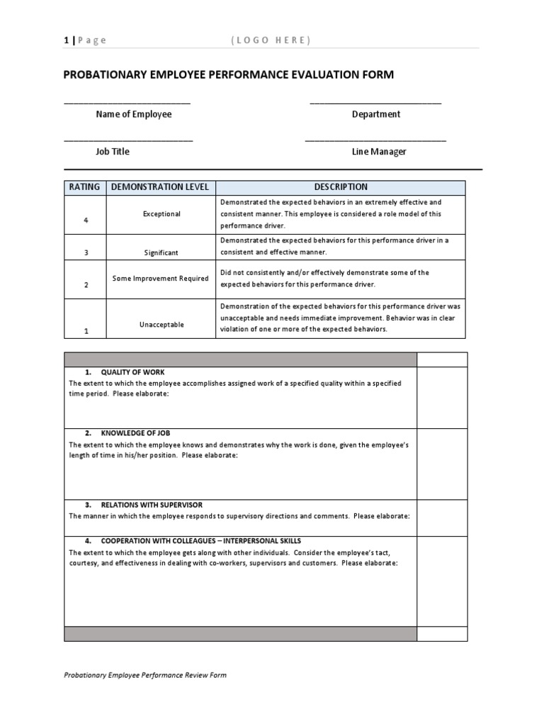 Probationary Employee Evaluation Form | PDF | Performance Appraisal ...