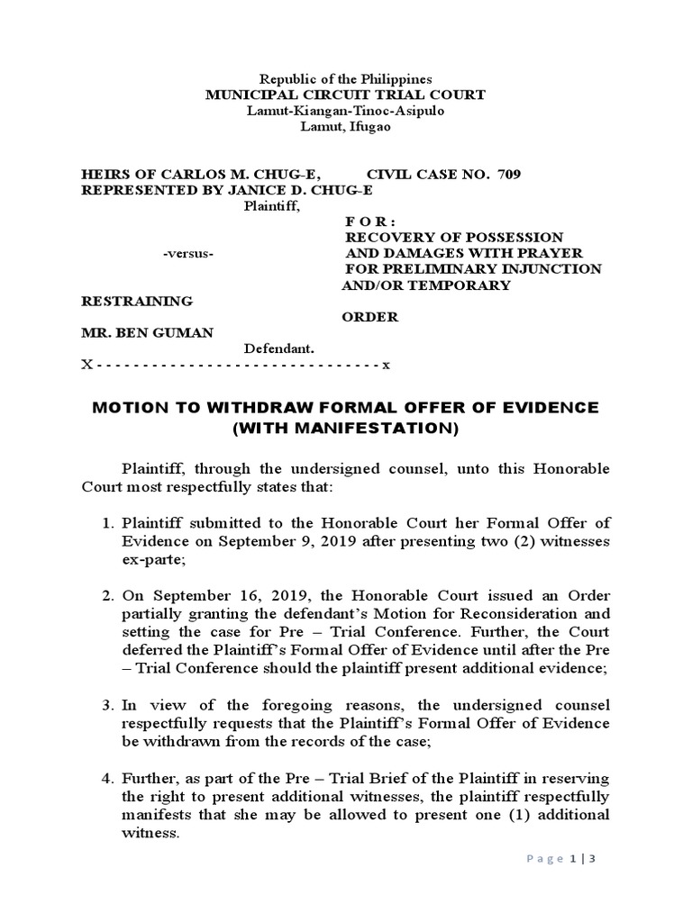 Philippine court motion withdraw evidence | PDF | Legal Procedure ...