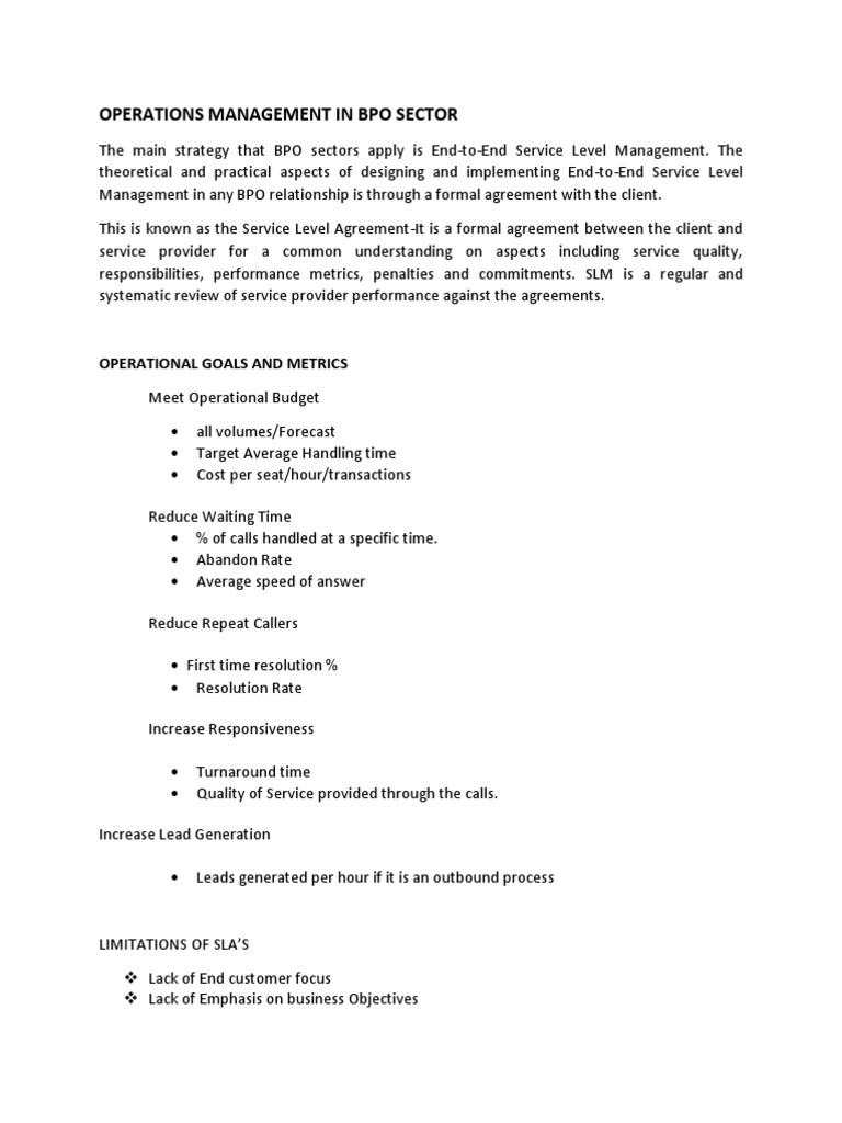 Operations Management in Bpo Sector: Operational Goals and Metrics ...