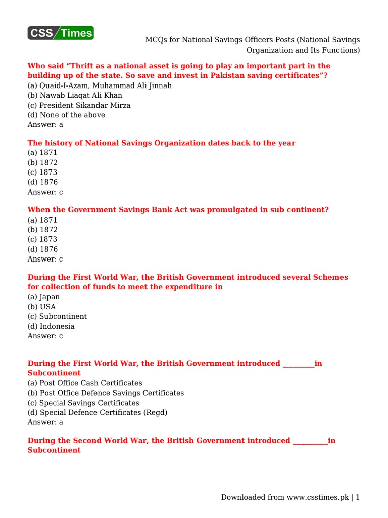 MCQs For National Savings Officers Posts (National Savings Organization ...