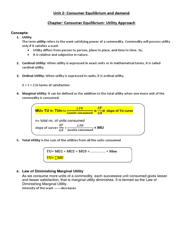 Unit 2-Consumer Equilibrium and Demand Chapter - Consumer Equilibrium - Utility Approach ...