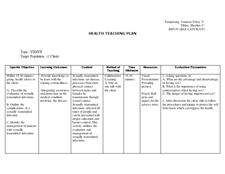 Topic: STD/STI Target Population: (1 Client) : Health Teaching Plan ...