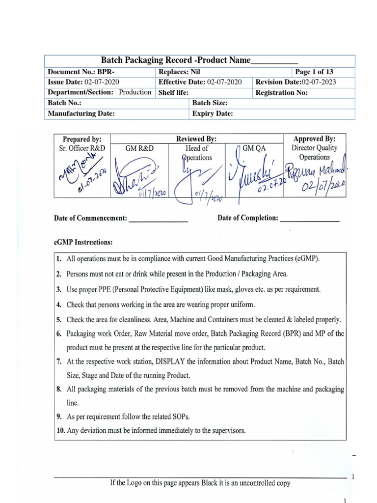 Batch Packaging Record (Final) PDF | PDF | Packaging And Labeling ...