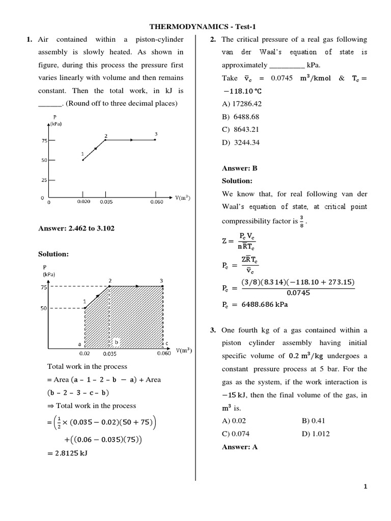 Thermodynamics Test - 1 (NEW) | PDF | Gases | Pressure