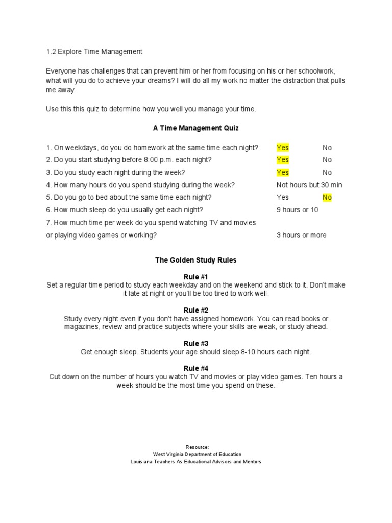 Time Management Quiz for Students | PDF