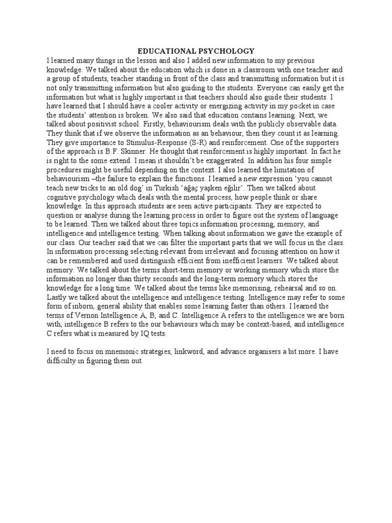 Educational Psychology Reflection | PDF | Behaviorism | Memory