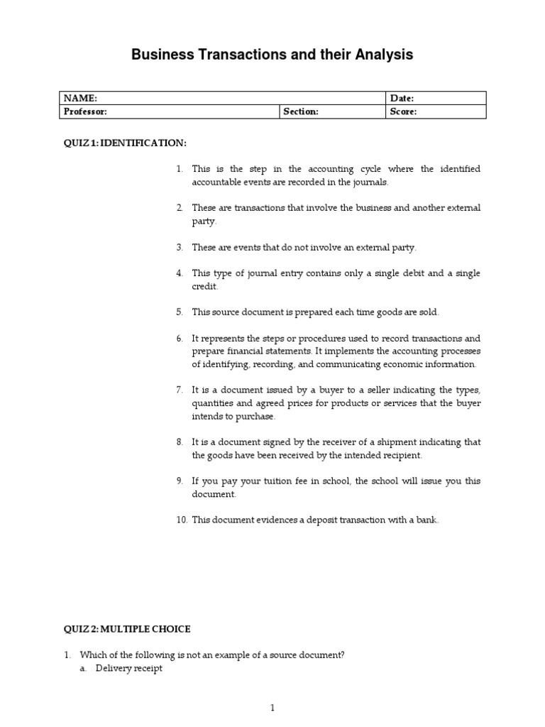 Business Transactions: Identification & Analysis | PDF | Financial ...