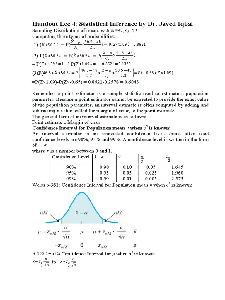 Handout Lec 4: Statistical Inference by Dr. Javed Iqbal: Confidence Interval For Population Mean ...