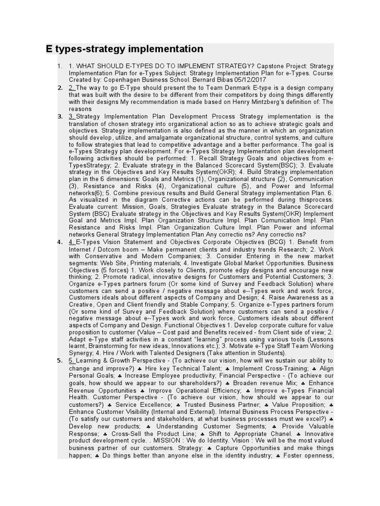 E-Types strategy implementation plan | PDF | Strategic Management ...