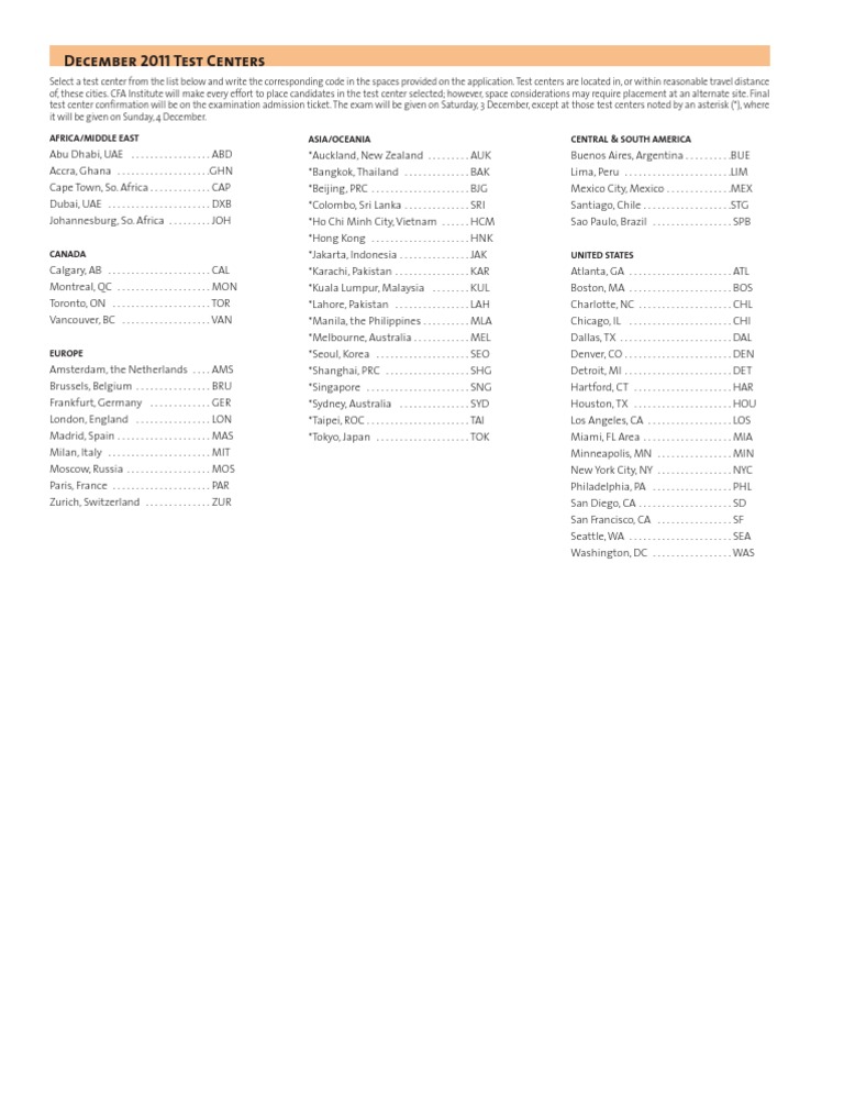 December 2011 CFA Test Centers List | PDF