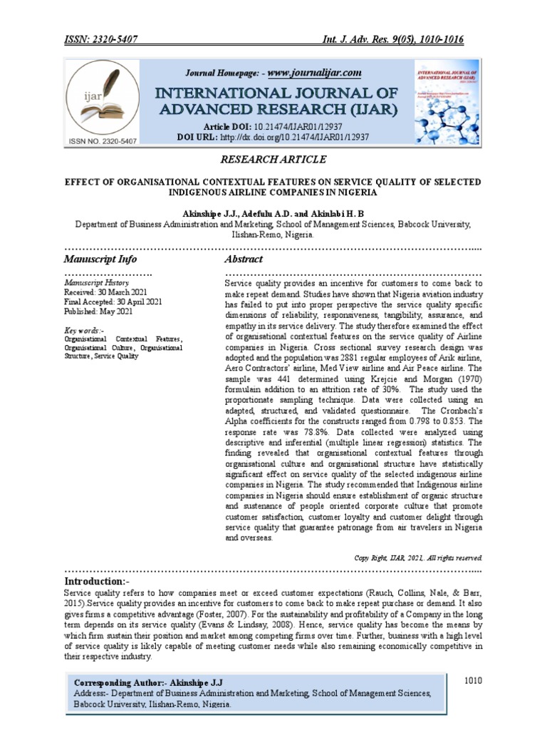 Effect of Organisational Contextual Features On Service Quality of ...