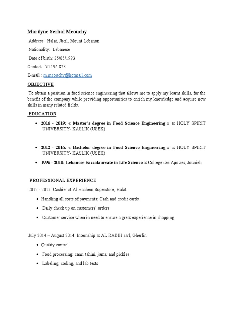 Food Science Engineer Resume | PDF | Foods
