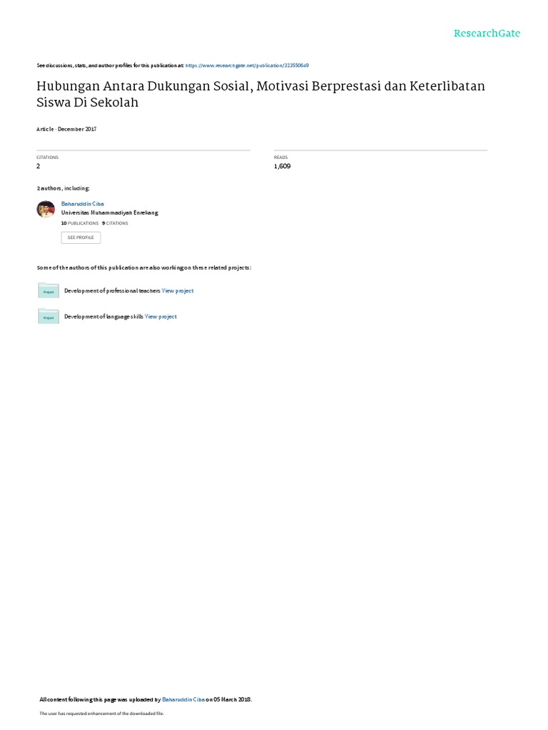 Hubungan Antara Dukungan Sosial, Motivasi Berprestasi Dan Keterlibatan Siswa Di Sekolah | PDF ...