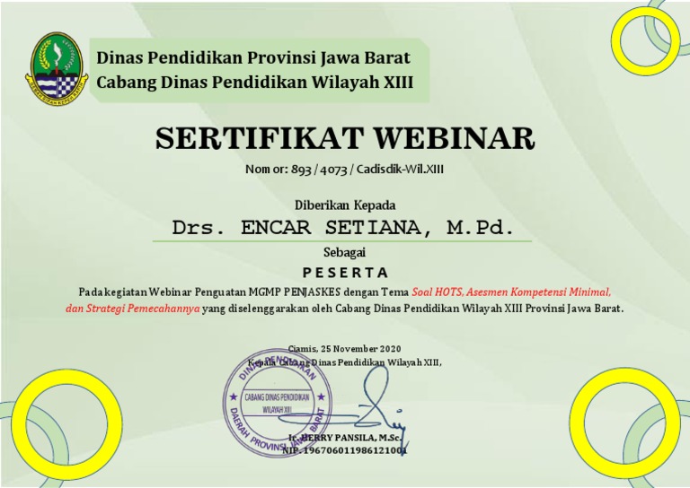 Sertifikat Peserta Webinar MGMP PENJASKES - KCD XIII-Encar | PDF