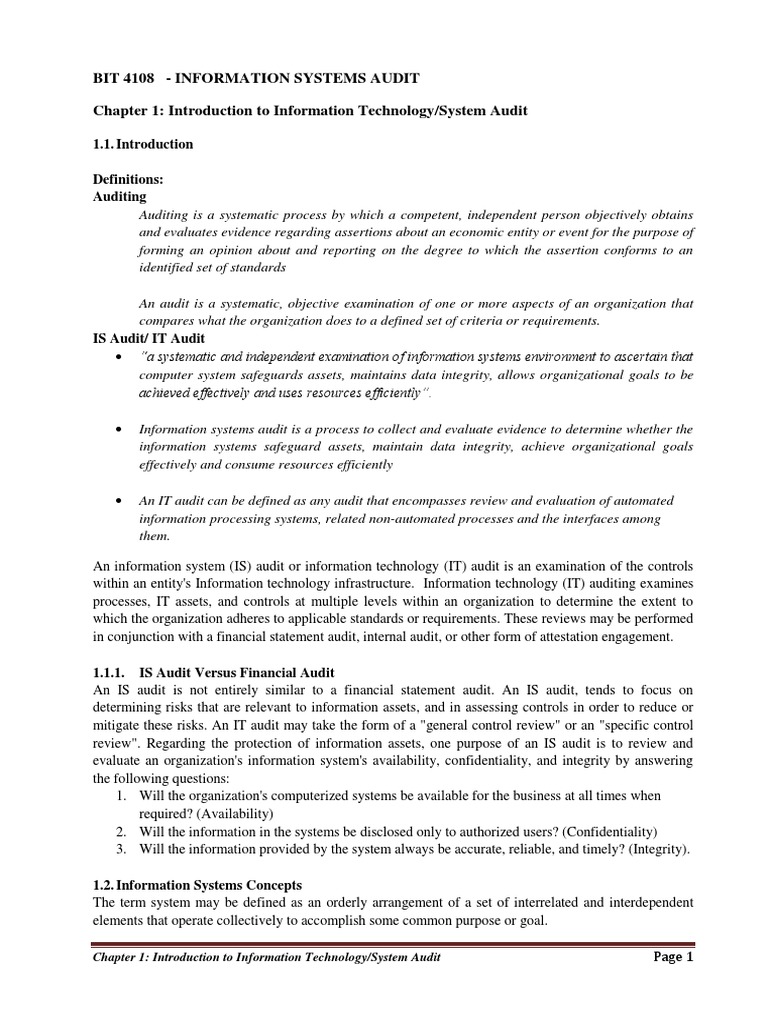 Chapter 1 - Introduction To Information System Audit | PDF | Audit | Vulnerability (Computing)