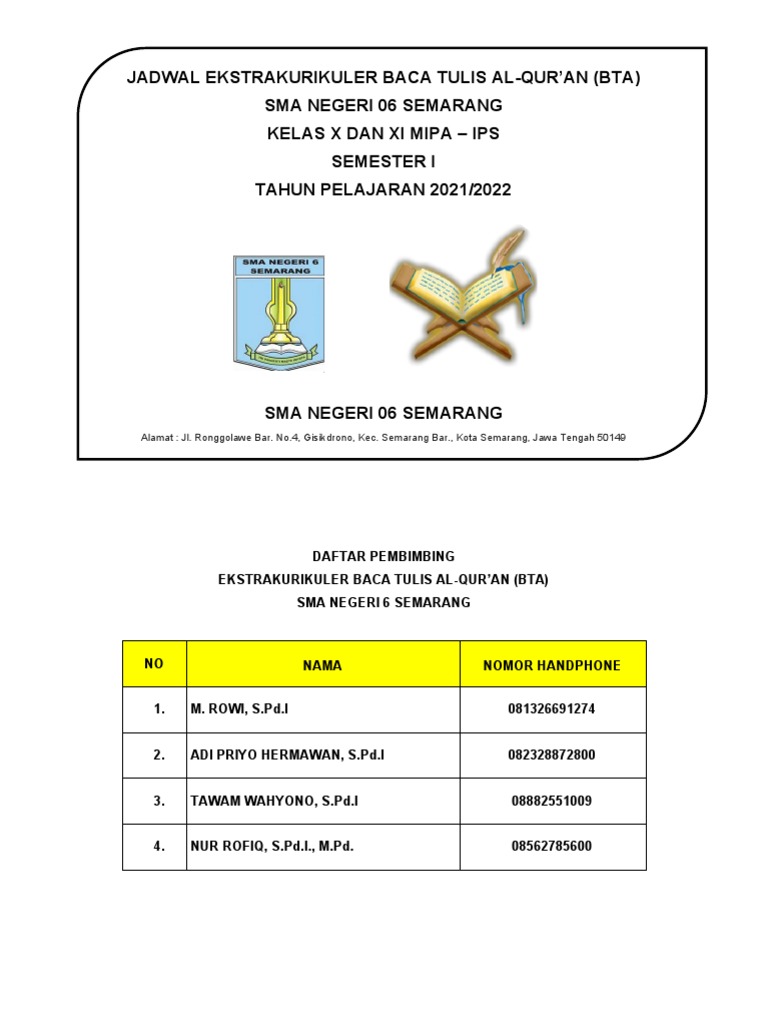 Jadwal Ekstrakurikuler Bta Kelas X Dan Xi - 2021 (Semester 1) | PDF