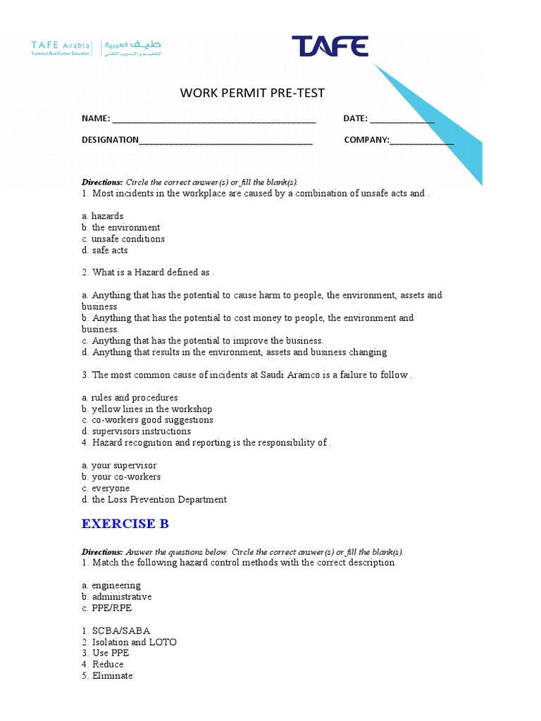 Work Permit Pre-Test: Exercise B | PDF | Fires | Personal Protective ...
