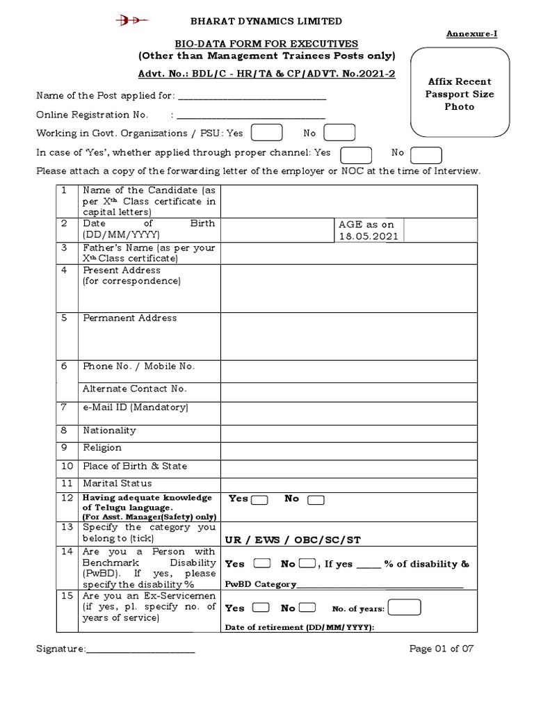 Bio-Data-Annexure-I Advt No 2021-2 | PDF