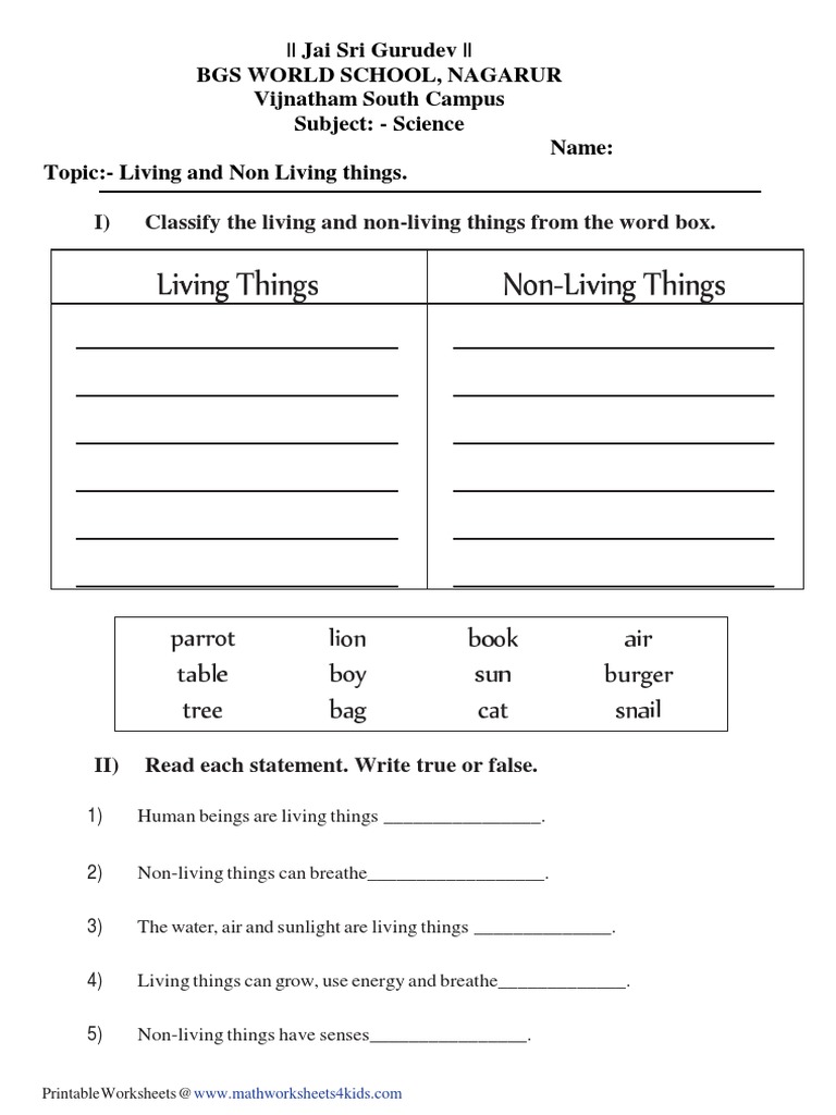 I) Classify The Living and Non-Living Things From The Word Box | PDF ...