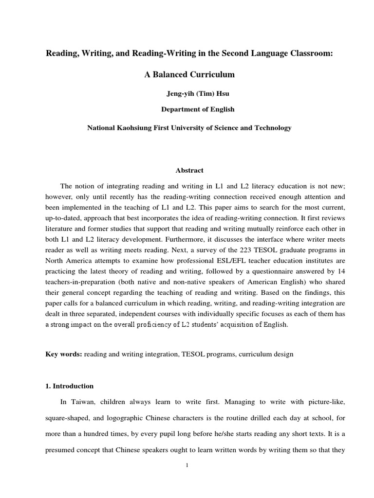 Reading, Writing, and Reading-Writing in The Second Language Classroom ...