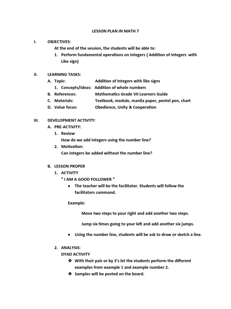 Grade 7 Math Lesson Plan: Adding Integers | PDF | Lesson Plan | Mathematics