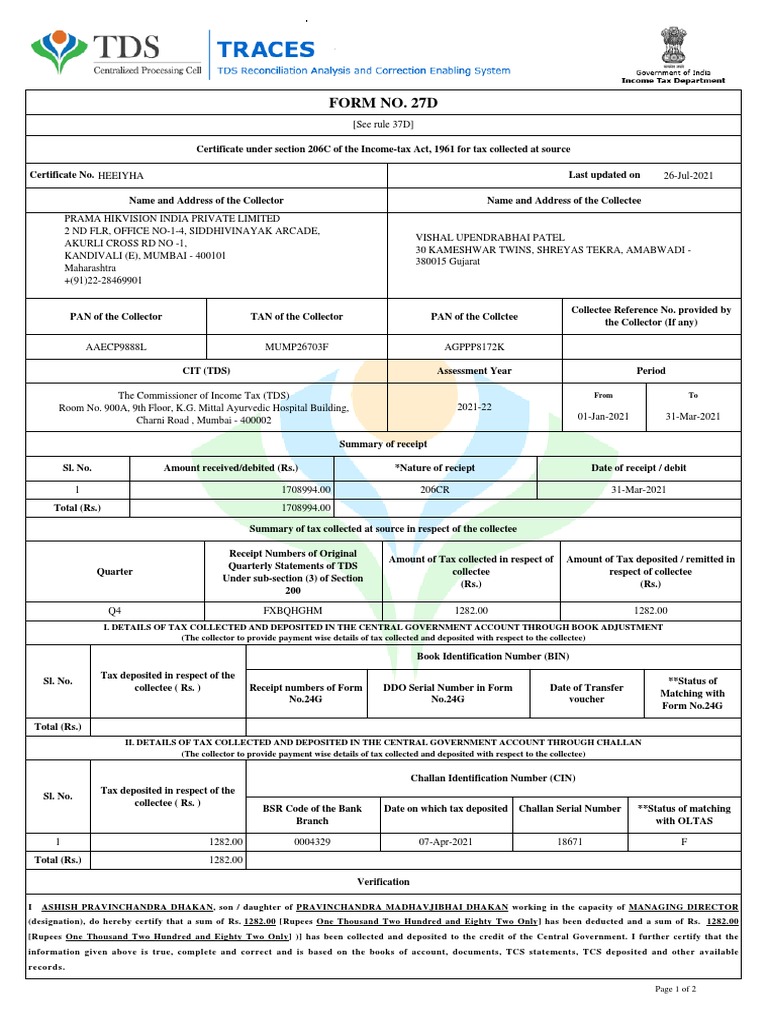 TCS Certificate | PDF | Banks | Taxes