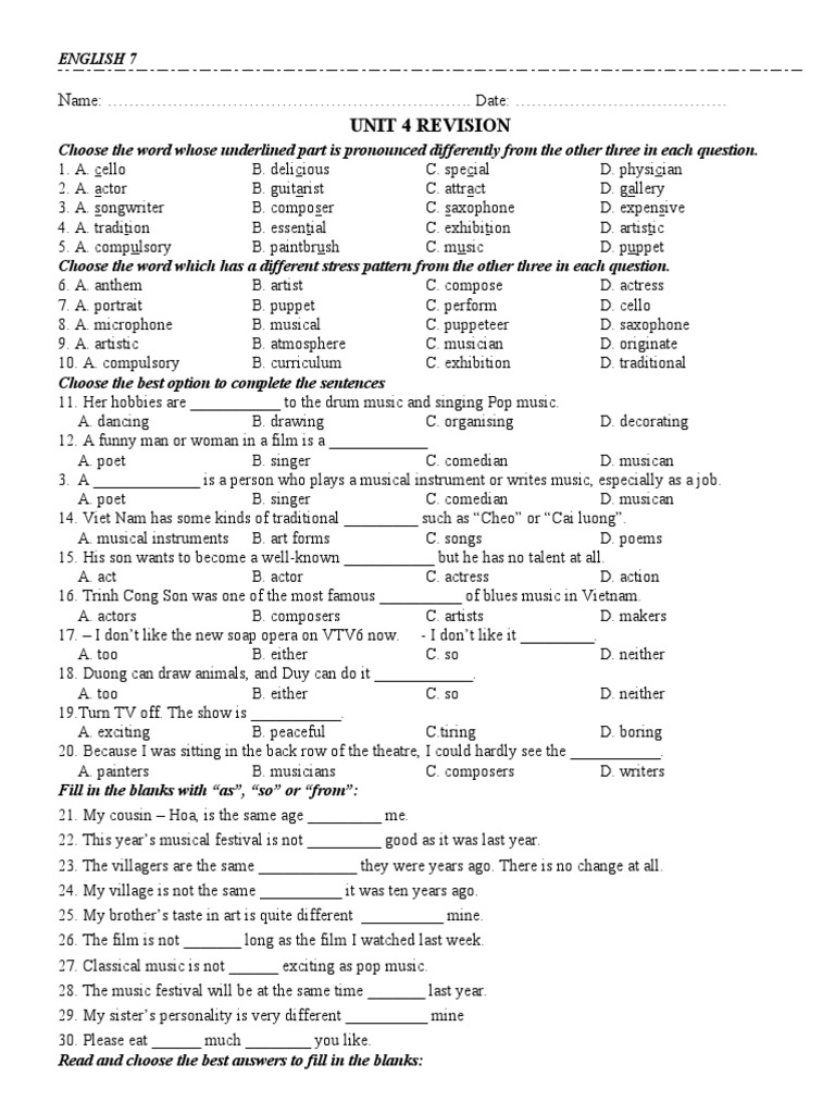 Unit 4 Revision: English 7 | PDF | Charlie Chaplin | Performing Arts