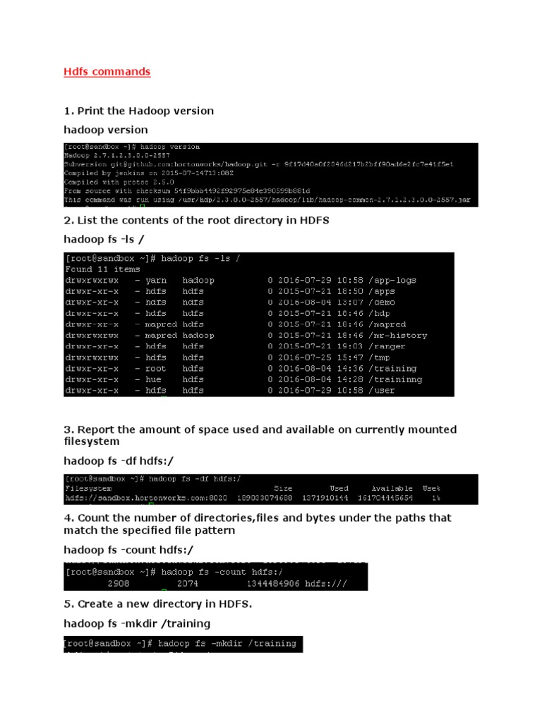 Hdfs Commands | PDF | Apache Hadoop | Computer File Hdfs Commands | PDF | Apache Hadoop | Computer File