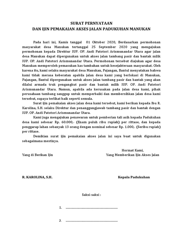Surat Pernyataan Dan Ijin Pemakaian Akses Jalan | PDF