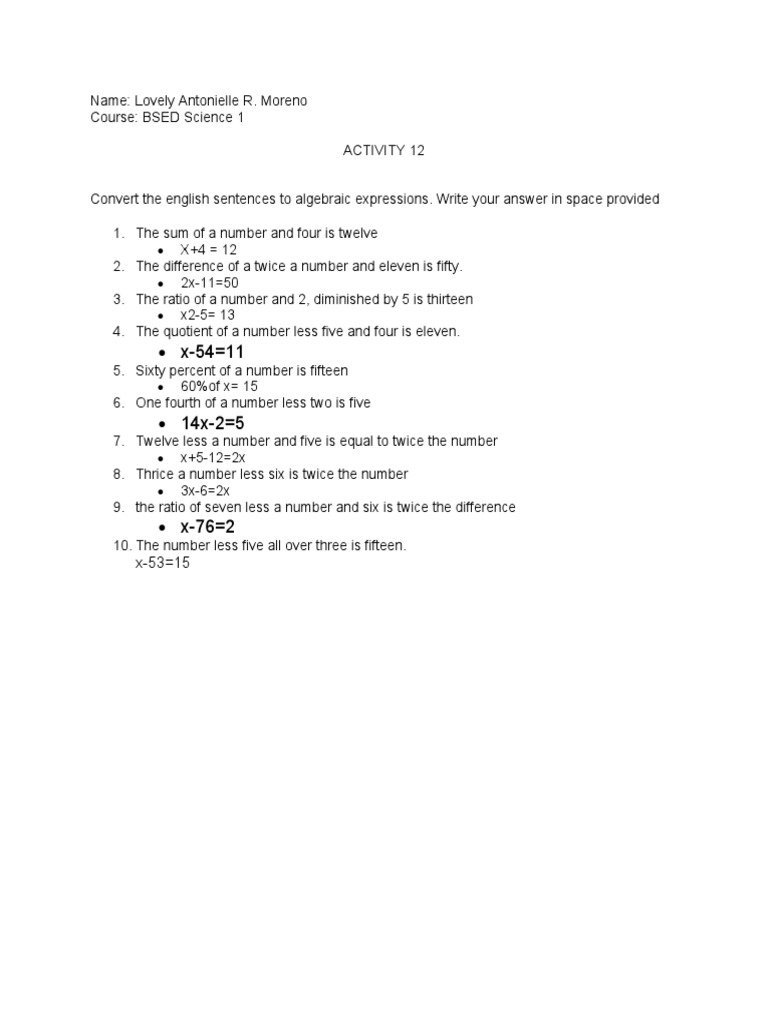 Algebraic Expressions Worksheet | PDF