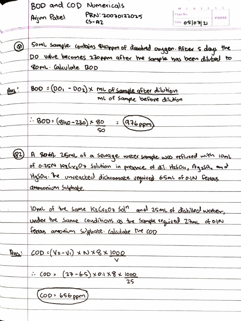 BOD and COD Calculation Examples | PDF