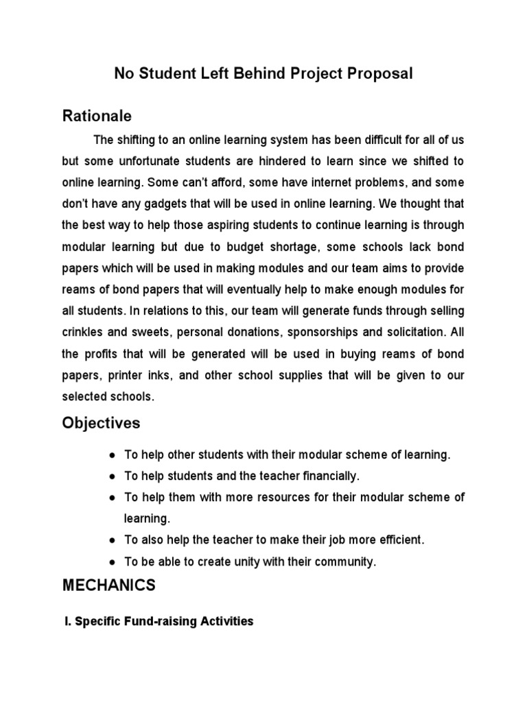 No Student Left Behind Project Proposal Rationale: I. Specific Fund ...
