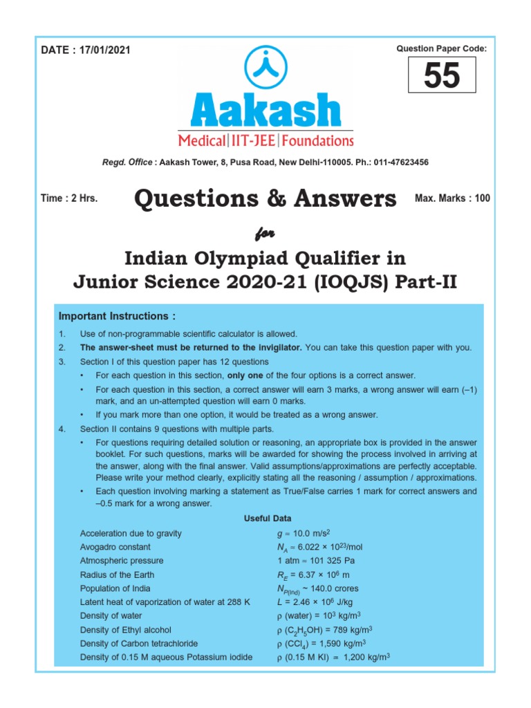 Questions & Answers: Indian Olympiad Qualifier in Junior Science 2020-21 (IOQJS) Part-II | PDF ...