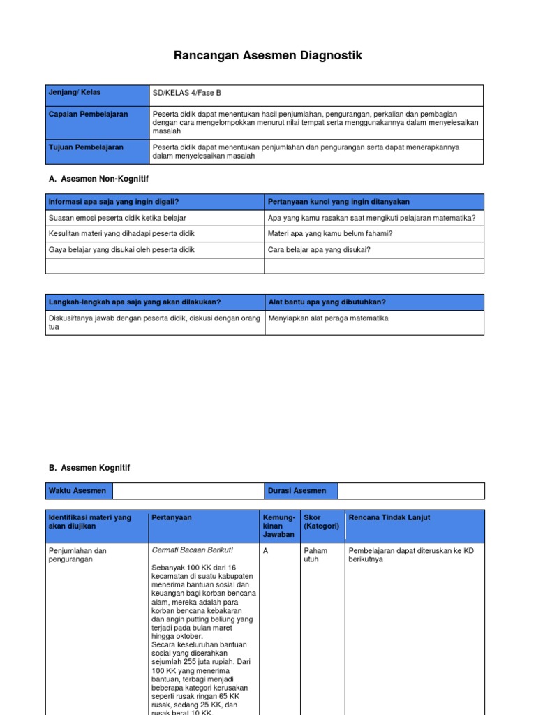 Rancangan Asesmen Diagnostik Kelas 4 | PDF