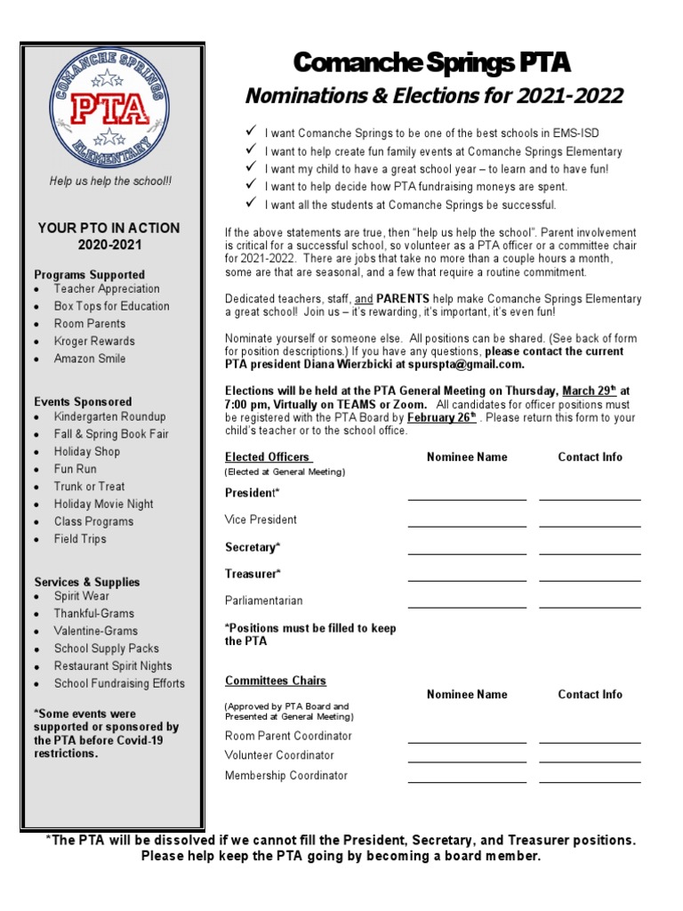 Nominations Form For New PTA Board | PDF | Board Of Directors | Committee