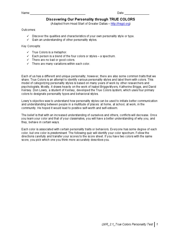 LMR - 2.1 - True Colors Personality Test | PDF | Color | Self Esteem