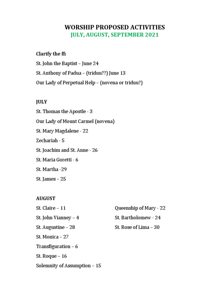 Worship Activities for July-September 2021 | PDF | Religion & Spirituality